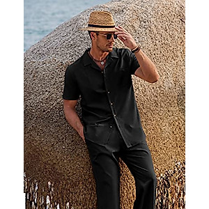 COOFANDY Mens Coordinated Outfit  Linen Beach  Casual Cuban Button Up Shirts Drawstring Pants, Black, X-Large