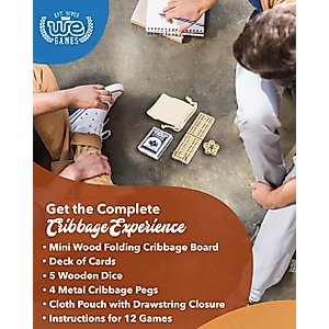 WE Games Cribbage Board Game Set, Travel Crib Board with Storage Slot and Drawstring Bag for Card Storage, Foldable 2 Track Cribbage Board with Cards, Metal Pegs and Dice, Mini Board Games