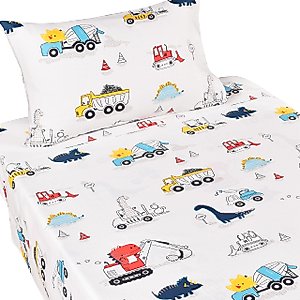J pinno Dinosaur Construction Work Digger Cars Vehicle Cute Cozy Fun Twin Sheet Set for Kids Girls Children, 100% Cotton, Flat Sheet + Fitted Sheet + Pillowcase Bedding Set (Dinosaur, Twin)