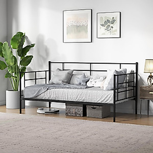 Giantex Metal Twin Daybed Frame, High Back Day Bed with Heavy-Duty 16 Slats & 18 Inch Headboard, Multifunctional Twin Size Bed Frame for Living Room Guest Room, No Box Spring Need, Black