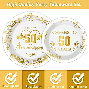 96 Pcs 50th Anniversary Tableware Set Wedding Party Supplies 50 years Anniversary Dinnerware Disposable Golden Plates Napkins Fork Fifty Anniversary Party Decorations Birthday Tableware for 24 Guests