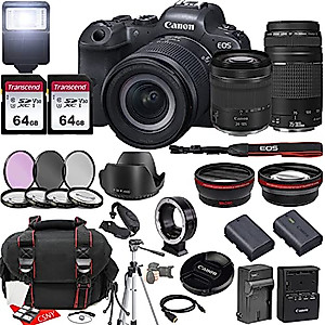 Canon EOS R6 Mirrorless Camera w/RF 24-105mm f/4-7.1 is STM Lens + EF 75-300mm f/4-5.6 III Lens + 2X 64GB Memory + Hood + Case + Filters + Tripod & More (35pc Bundle)