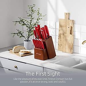 Knife Set, Emojoy 15 Piece Kitchen Knife Set with Block Wooden, German Stainless Steel Sharp Chef Knife Set with Sharpener, Dishwasher Safe and Rust Proof (kitchen knife set red)