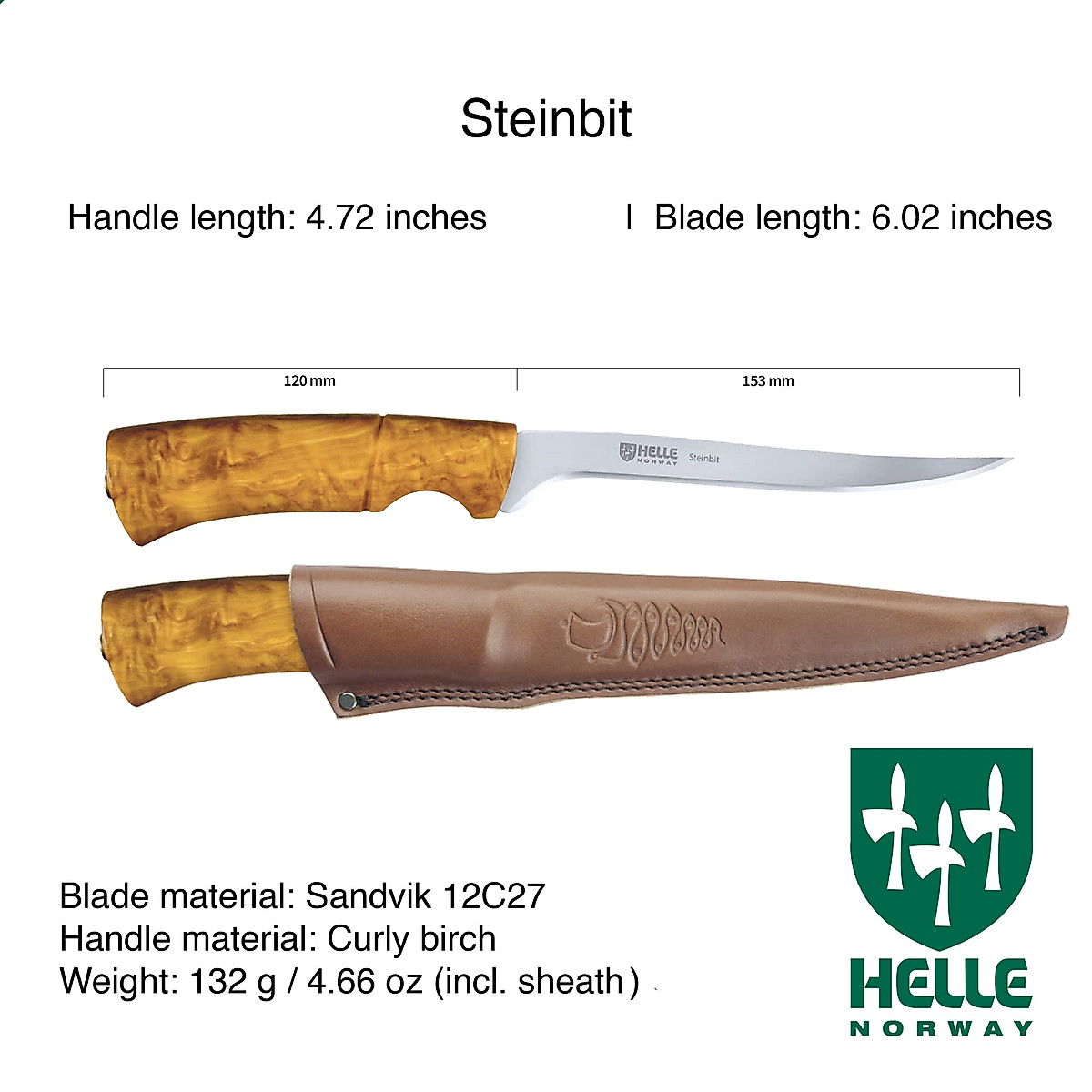 HELLE Knives - Steinbit - Fixed Blade - Fishing Knife - Birch Wood Handle - 12C27 Stainless Steel - Made in Norway