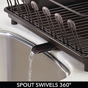 mDesign Alloy Steel Sink Dish Drying Rack Holder with Plastic Swivel Spout Drainboard Tray - Dish Rack/Dish Drainer Storage Organizer for Kitchen Counter - Concerto Collection, Bronze
