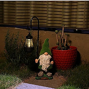 HDNICEZM Flocked Garden Gnome Statue, Large Outdoor Gnome with Solar Lights, Funny Garden Figurines for Outdoor Home Yard Decor (15.8 Inch Tall)