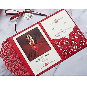 Cylallen 20sets 4.9x 7 inch Rose Laser Cut Wedding Invitation Jacket Pocket for Quinceanera Bridal Shower Baby Shower Party Dinner Invite (Red)