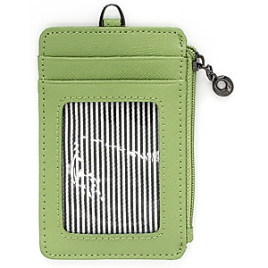 ID Credit Credit Card Holder Wallet Necklace Landyard Zipper Badge Case Genuine Leather Cute Women (Green)