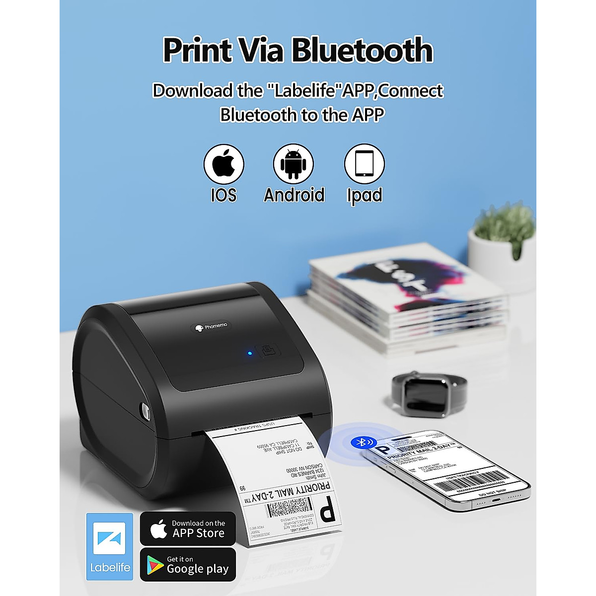 Phomemo Bluetooth Thermal Label Printer 4X6 - D520BT Wireless Shipping Label Printer Build-in Holder, Thermal Label Maker for Return Shipping Package, Compatible with Amazon, USPS, Shopify, Ebay