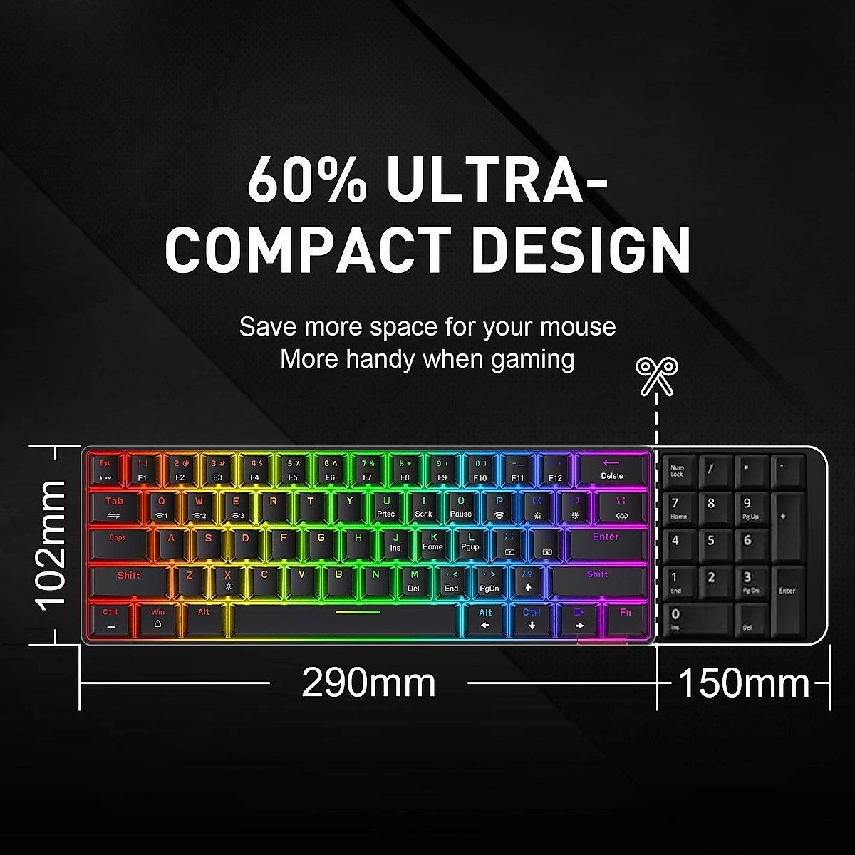 havit Wireless 60% Mechanical Keyboard 61 Keys Rainbow Backlit Gaming Keyboard Bluetooth 5.0/Type-C Wired Programmable Computer Keyboard with Red Switch for Multi-Devices PC Mac Laptop (Black)