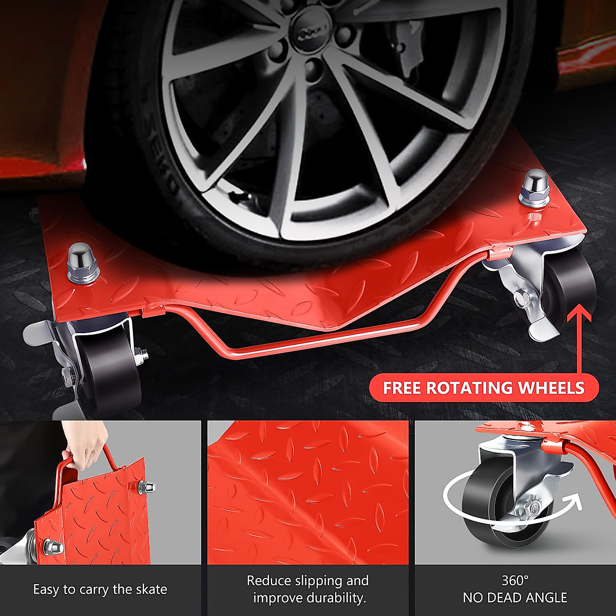 DNA MOTORING 4-Pack Tire Wheel Dolly Vehicle Wheels Dollies Movers Skates Car Tire Repair Slide Tools, 6000 lbs Capacity, Red,TOOLS-00298