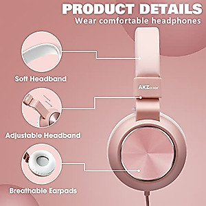 AKZ On-Ear Headphones with Microphone, Foldable Headphones with Tangle-Free Cord, Headphone with HD Sound, 3.5MM Jack, Portable Wired Headphones for School/Kids/Smartphones/Tablet/Travel (Pink)