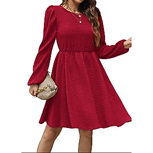 SAMPEEL Winter Womens Burgundy Dress Elegant Puff Sleeve Casual Christmas Dresses Knee Length M