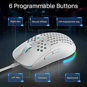 DIERYA M1SE Wired Gaming Mouse with Honeycomb Shell, 12800DPI Optical Sensor, 6 Programmable Macros, Software Support for Custom Key Config, and RGB Settings for Windows 7/8/10/XP, Vista, Linux-White
