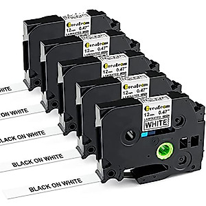 Greateam Compatible 12mm .47 Laminated White TZ Tape Replacement for Brother P-Touch Label Tape TZe-231 TZ-231, 1/2" Ptouch TZe Label Maker Tape Use for Brother PT-D210 PT-H110 PT-D400 PTD600, 5 Pack