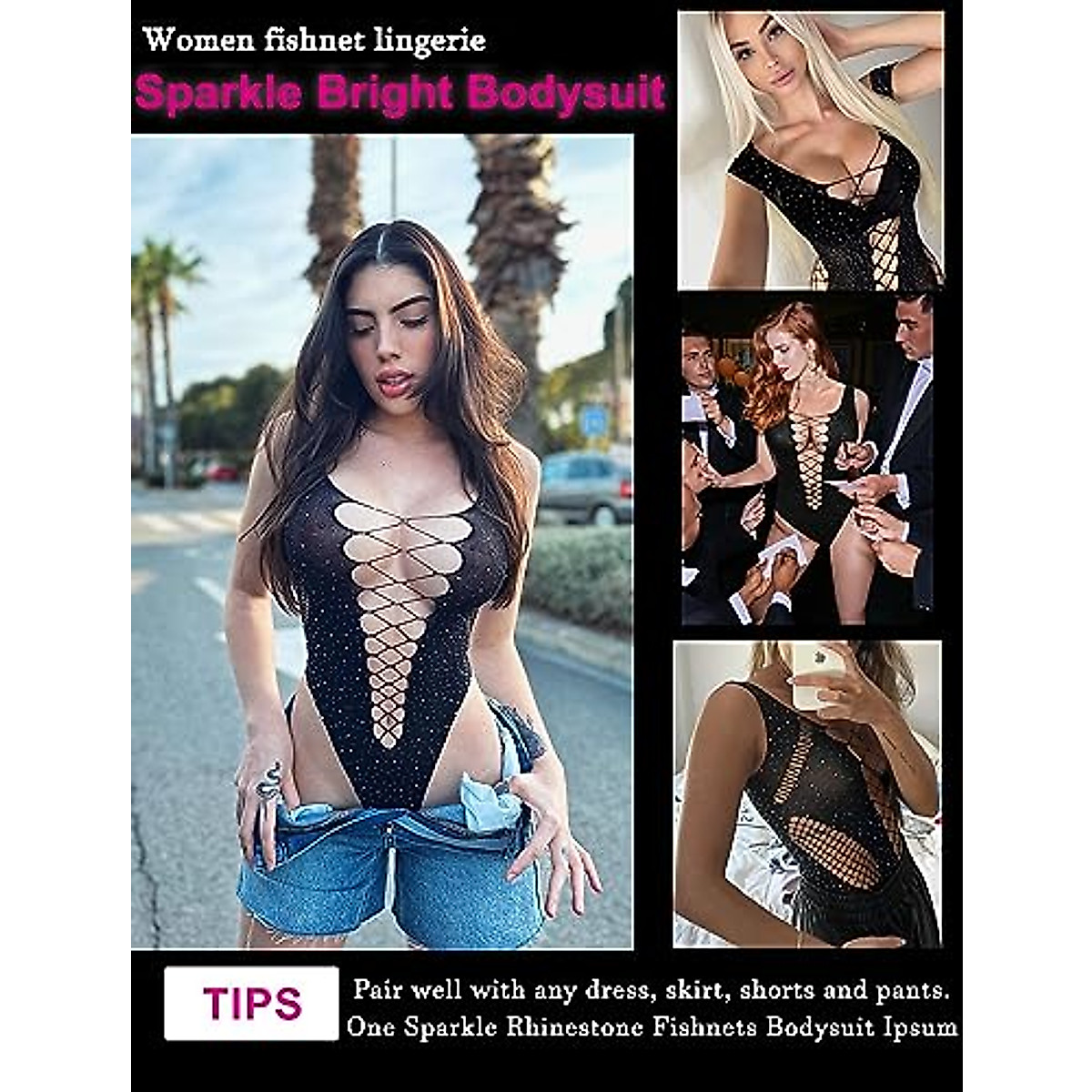 Avidlove Rhinestone Bodysuit Women Fishnet Lingerie for Women Sparkle Sexy Mesh Lingerie Teddy Lingerie Black