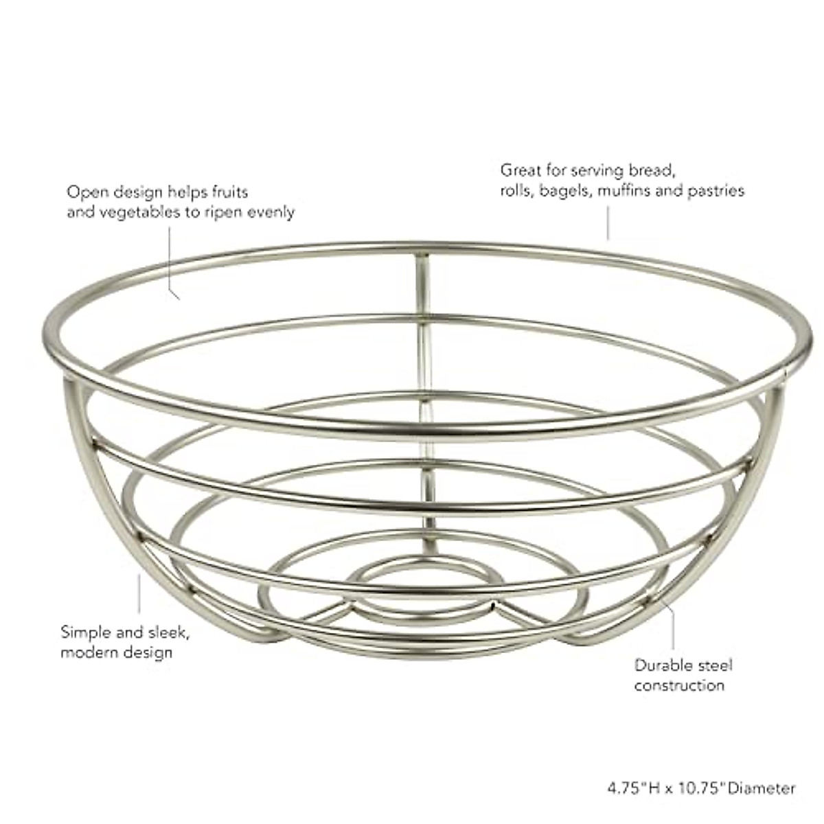 Spectrum Diversified Euro Fruit Bowl & Produce Basket Modern Countertop Food Storage for Fruits & Vegetables, Sleek Design with Sturdy Steel Construction,Silver