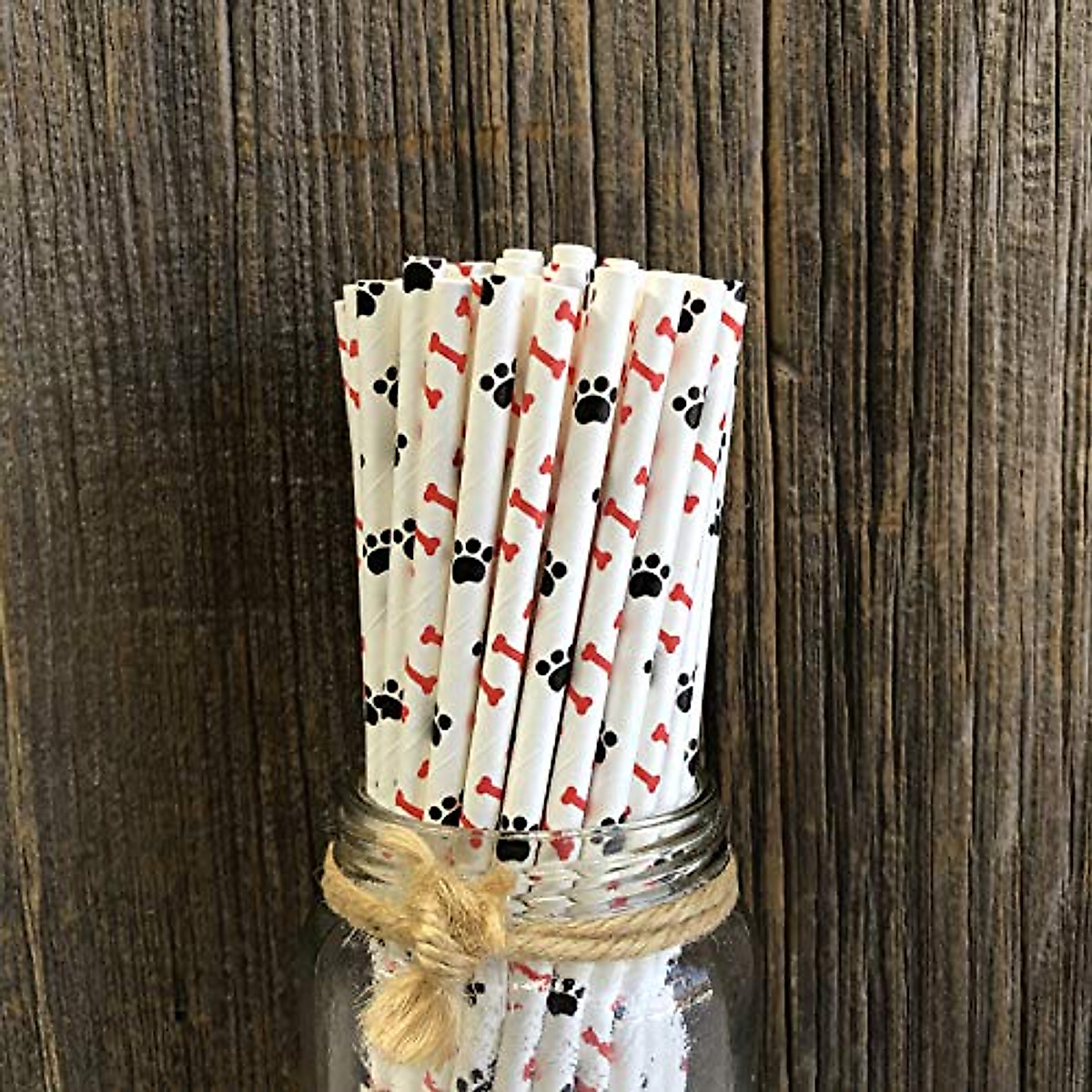 Dog Theme Bone and Paw Print Paper Straws - Black White Red - 50 Pack Outside the Box Papers Brand