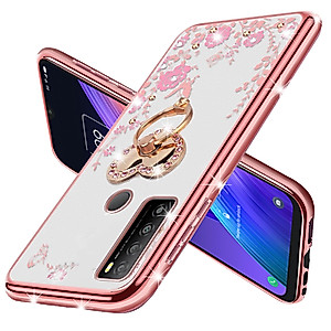 KuDiNi for TCL 30 XL Phone Case, 30XL T701DL Case for Women Glitter Crystal Soft Bling Butterfly Heart Floral Clear Protective Cover with Kickstand+Strap for TCL 30 XL 30XL (Rose Gold)