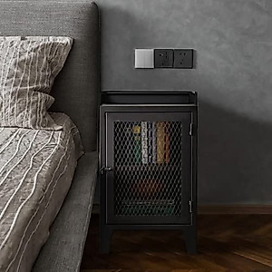 KunMai Industrial Nightstand with Door 2-Tier Bedside Table Metal Frame Nightstand Rustic Black