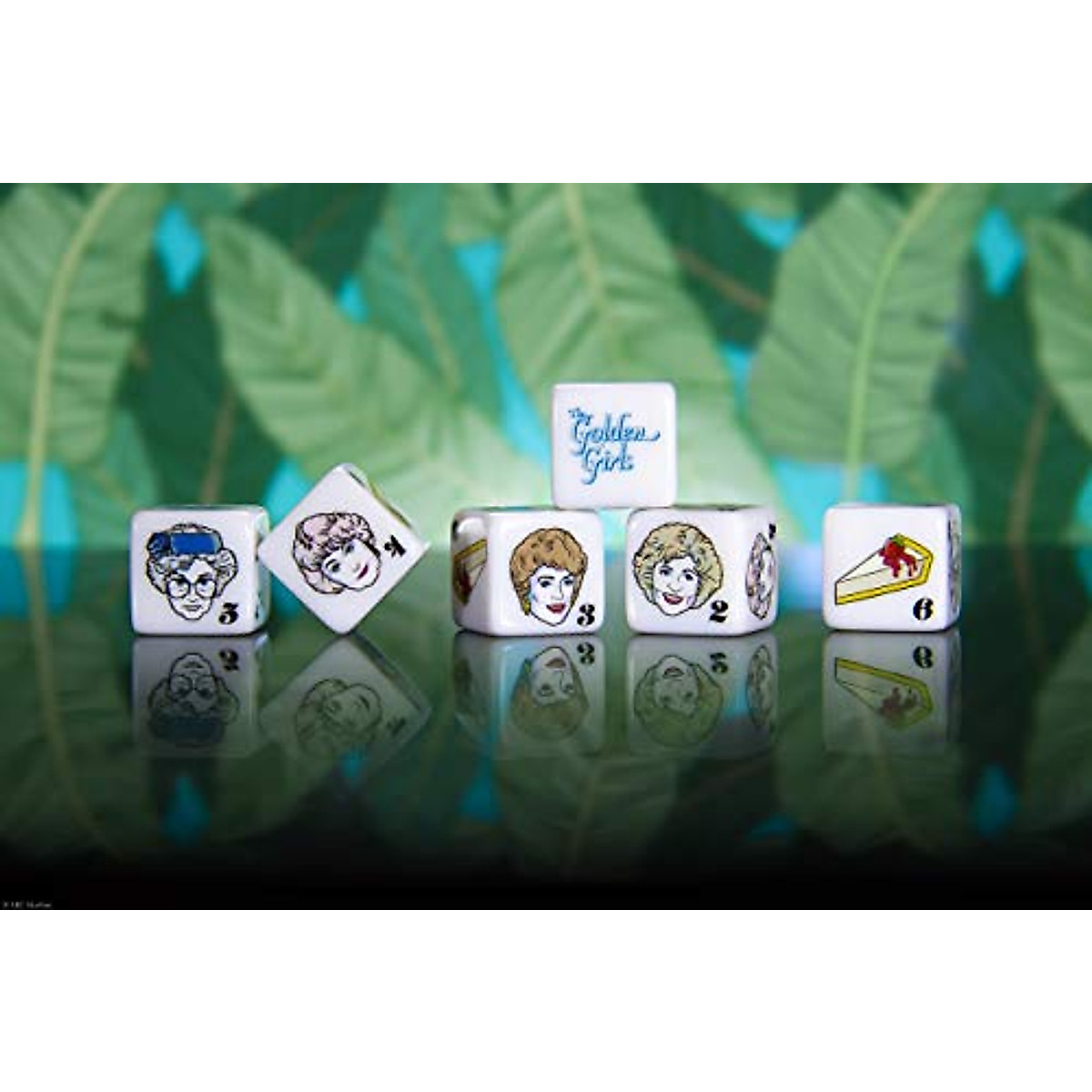 USAOPOLY The Golden Girls Dice Set | Collectible d6 Dice Featuring Characters & References - The Golden Girls Logo, Rose, Sophia, Blanche, Dorothy, and Cheesecake | Officially Licensed 6-Sided Dice