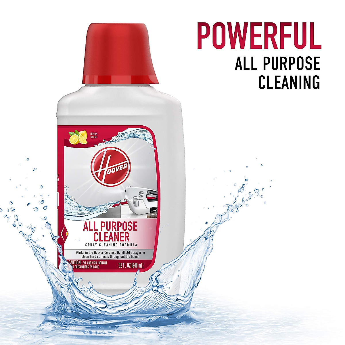 Hoover All Purpose Cleaner Solution, 32 oz., Lemon Scent, For Use on Hard Floors, Counters, Tubs and More, Formulated for Cordless Handheld Sprayer