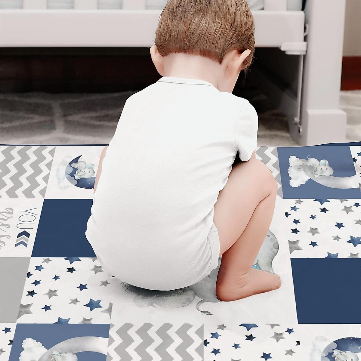 HawSkgFub Sleeping Elephant Star Baby Blanket Boys Gift Navy Blue, Dream Big Little One You Are So Loved Patchwork Flannel Fleece Nursery Bed Blankets, Soft Newborn Infant Toddler Crib Bedding 30 x 40
