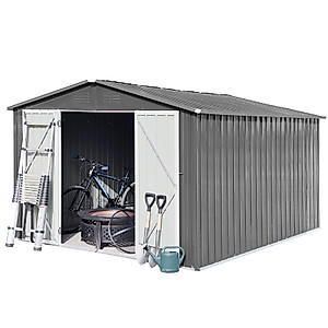 Jintop 10x12 FT Sheds & Outdoor Storage,Metal Aluminum Garden Shed,with Punched Vents,Waterproof Cabinet w/Hinged Door and Padlock,Tool House for Storing Bicycles,Lawnmowers,Barbeques,Grey
