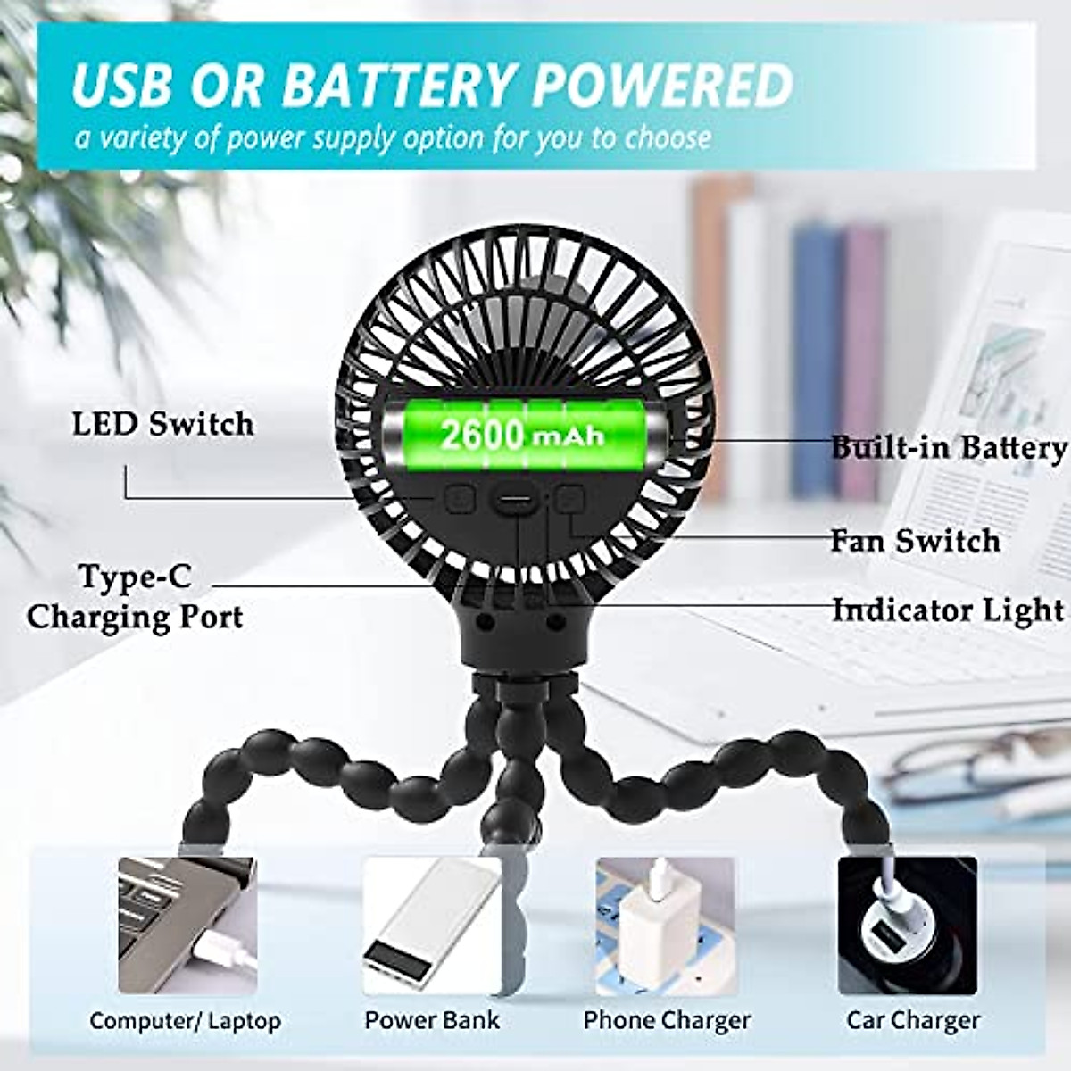 YKLWORLD Mini Baby Stroller Fan, Portable Fan Clip On with Flexible Tripod, USB or Battery Operated Handheld Personal Fan 3 Speeds Car Seat Fan for Desk Crib Bike Treadmill Travel Camping - Black