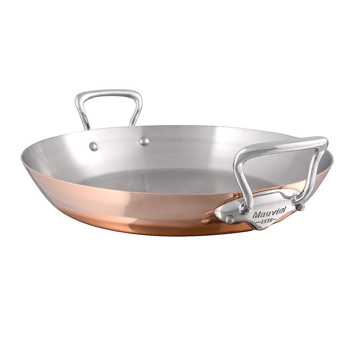 Mauviel M'150 S 1.5mm Polished Copper & Stainless Steel Paella Pan With Cast Stainless Steel Handles, 13.8-in, Made In France