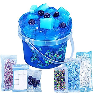 Premade Crystal Slime Blueberry Blue Jelly Cube Glimmer Crunchy Slime, Includes 6 Sets of Slime Add-ins, Party Favors for Kids, Sensory and Tactile Stimulation, Stress Relief, for Girls & Boys