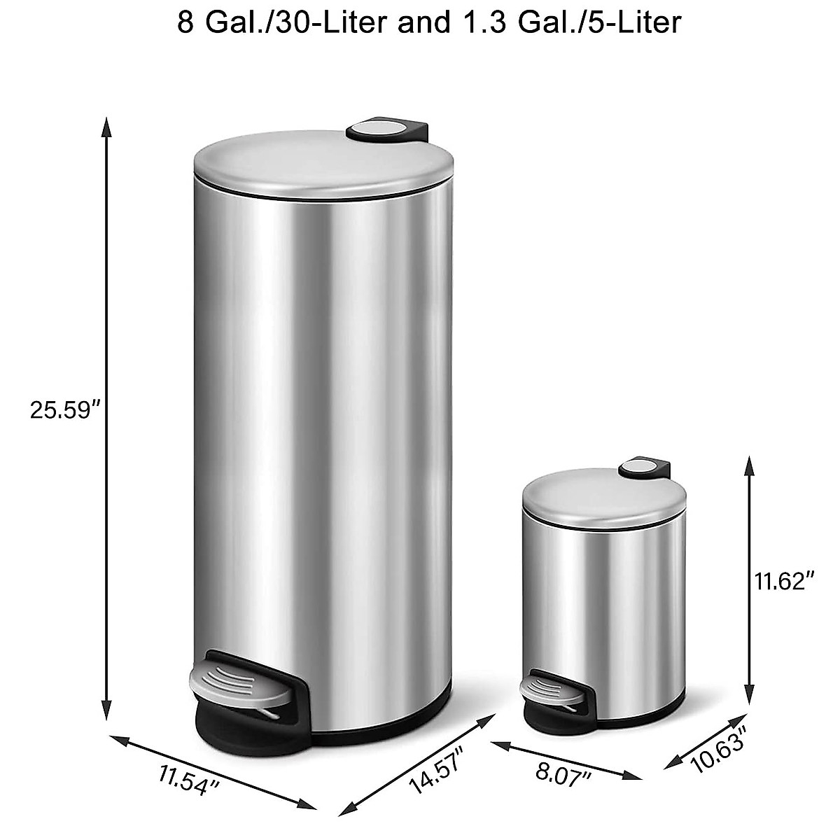 Innovaze 8 Gal./30 Liter and 1.3 Gal./5 Liter Stainless Steel Step-on Trash Can Set for Kitchen and Bathroom