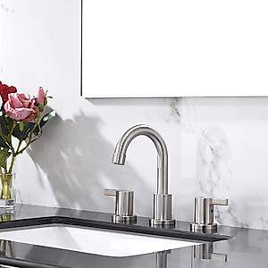 Phiestina 2 Handle 3 Hole 8 Inch Widespread Bathroom Faucet with Metal Pop-Up Drain, Brushed Nickel, WF015-1-BN