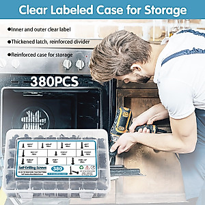 410 Stainless Steel #8#10 Self Tapping Screws for Metal, 380 PCS Self Drilling Screws Assortment Kit, Black Oxide, Modified Truss Head Self Tapping Sheet Metal TEK Screws, Length 1/2" to 1-1/4''