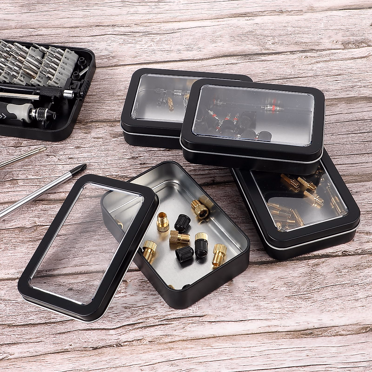 Metal Hinged Tin Box Container, 4 Pieces Rectangular Tin Box Small Storage Box Metal Stash Box Empty Tin Boxes with Removable Clear Window Lid for Candy Jewelry Beads Key Crafts Storage, Black