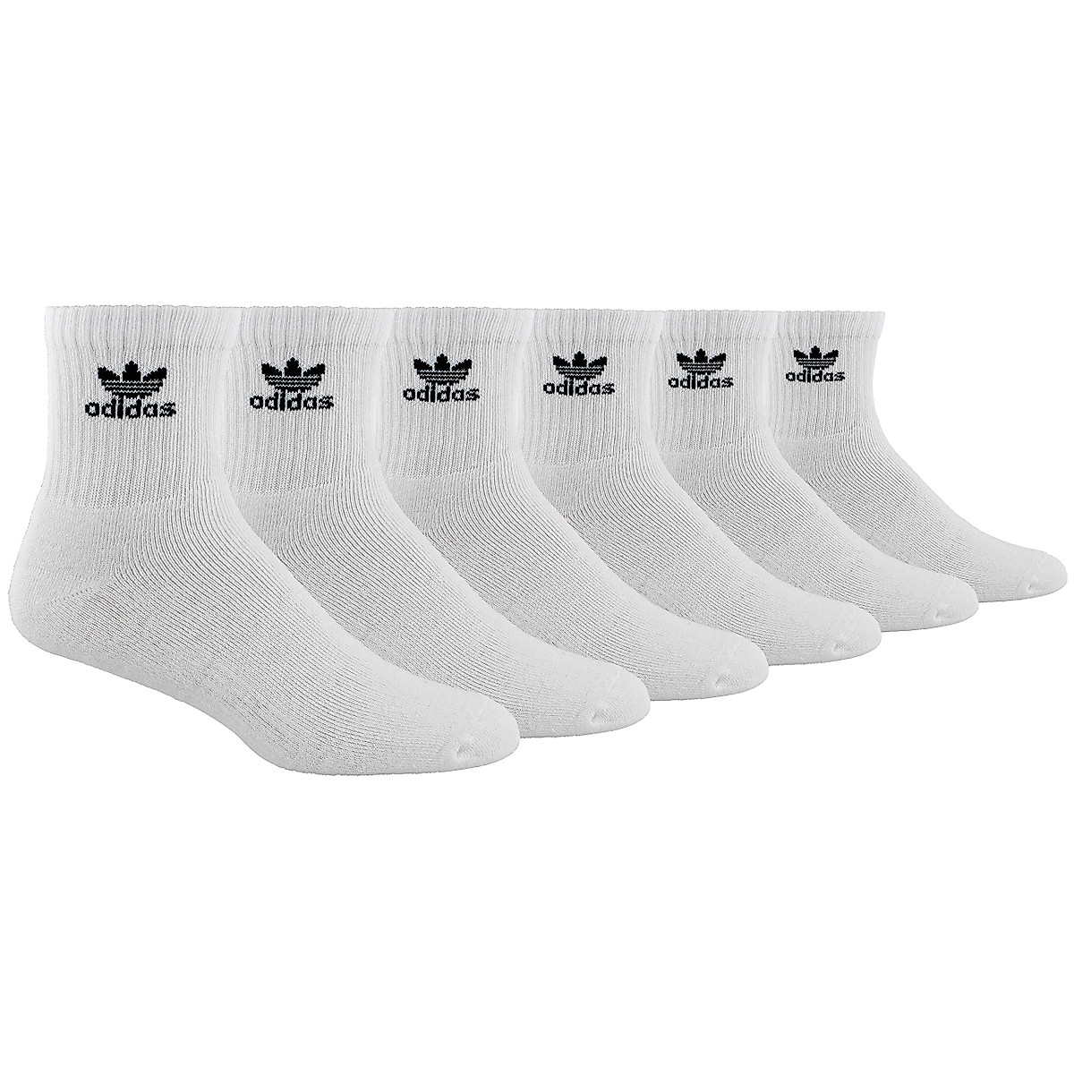 adidas Men's Athletic Moisture Wicking Cushioned Quarter-Cut TREFOIL Logo Socks 6-Pack/ 6-Pair (Shoe Size 6-12) WHITE