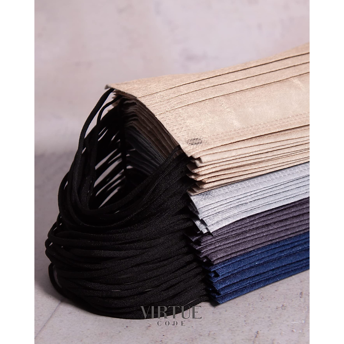 VIRTUE CODE Support Face Masks - Soft 3 Ply Comfort Face Masks, Colorful Disposable Face Mask 50 Pack. Grey Beige Navy Blue Colored Masks. Adults Mens and Womens Disposable Face Masks