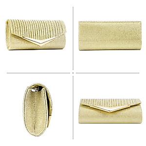 Larcenciel Clutch Purses for Women, Pleated Sequin Envelope Evening Bags w/Chain, Shiny Formal Ladies Shoulder Crossbody Handbags Perfect for Party Prom Weddings Holidays Special Occasions (Gold)