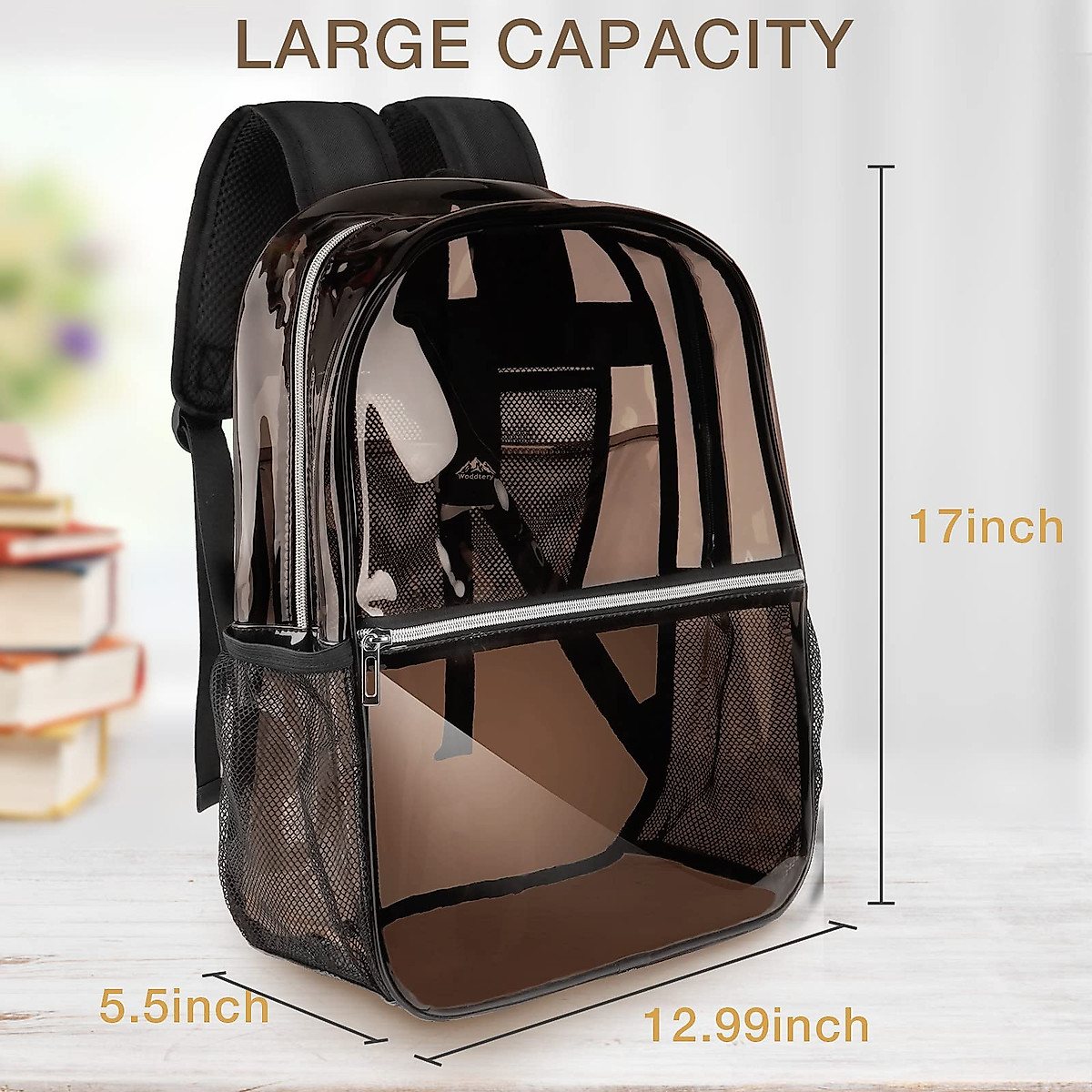 Woddtery Clear Backpack, Heavy Duty PVC Transparent Backpack, See Through Backpacks for School, Work,Stadium,Travel,Security,Festival,College Black…