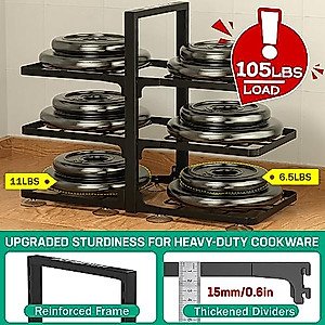 HAUSHOF Pots and Pans Organizer, 16" Heavy Duty 150LBS Pot Holders for Kitchen, 6-Tier Adjustable Pan Rack under Cabinet with Suction Cup, Snap-on Cookware Storage Organization Pot Pan Stand Stacker