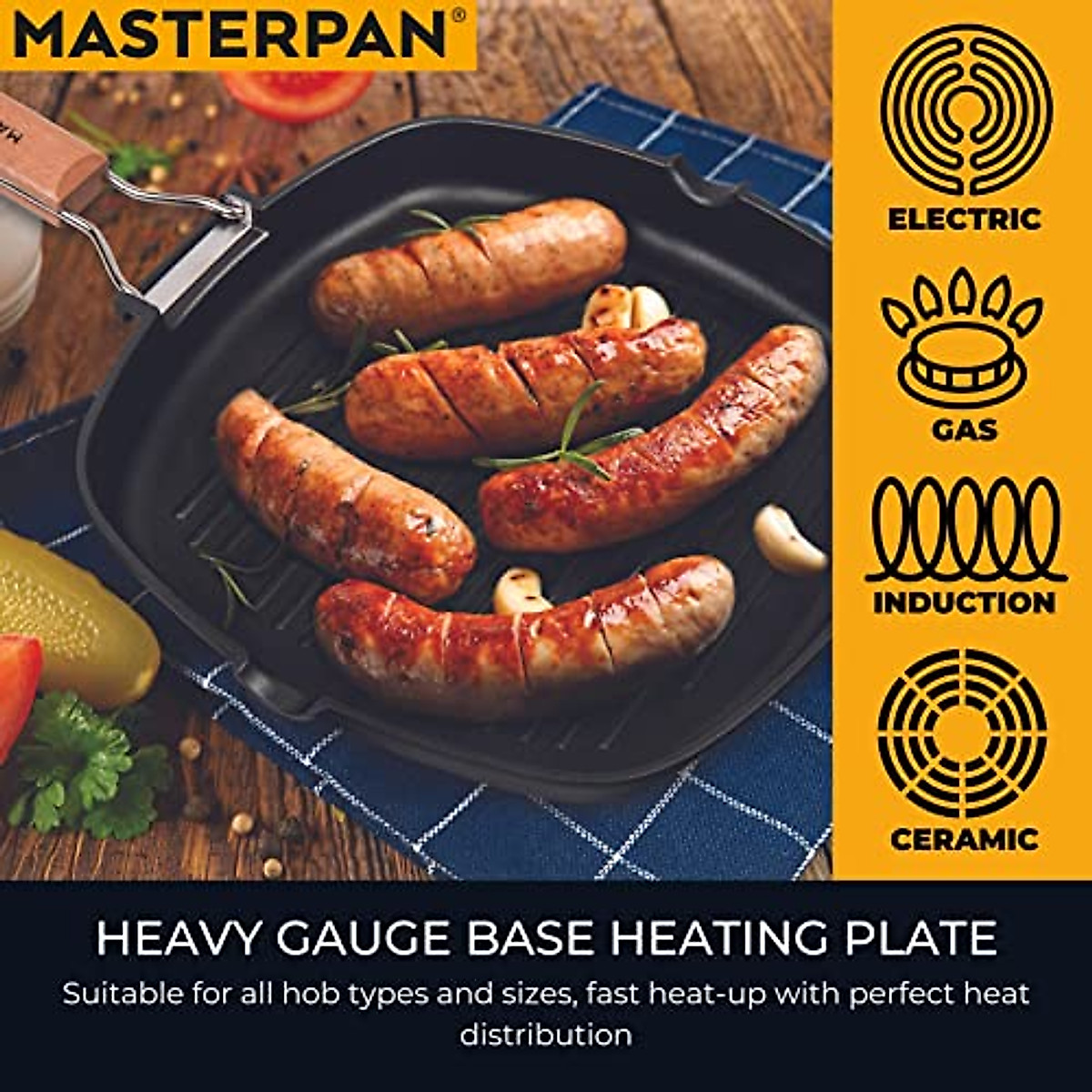 MasterPan Non-Stick Grill Pan Wooden, 11", Folding Handles