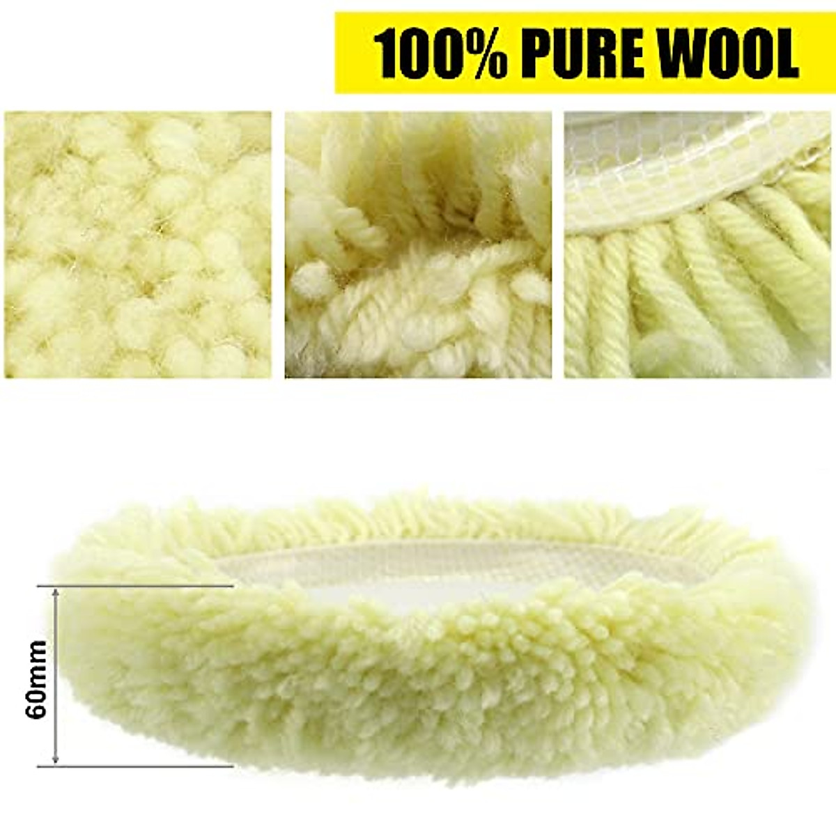 POLIWELL Wool Buffing Pads 7 Inch Set 100% Wool Buffing Pad Hook and Loop 3Pack, 5/8-11T Shark Backing Pad Kit, Cleaning Spur Tool + 7” Waxing Bonnet Pads 3pcs for Compound Cutting & Polishing, 9Pack