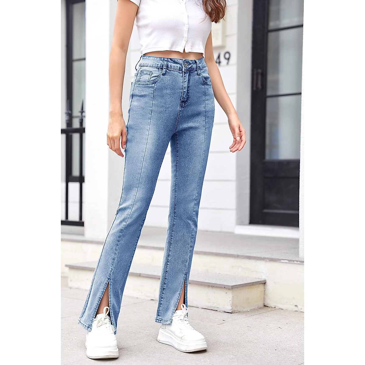 Jauoop Women's High Waist Bootcut Jeans Split Hem Straight Leg Skinny Denim Pants with Pockets Light Blue