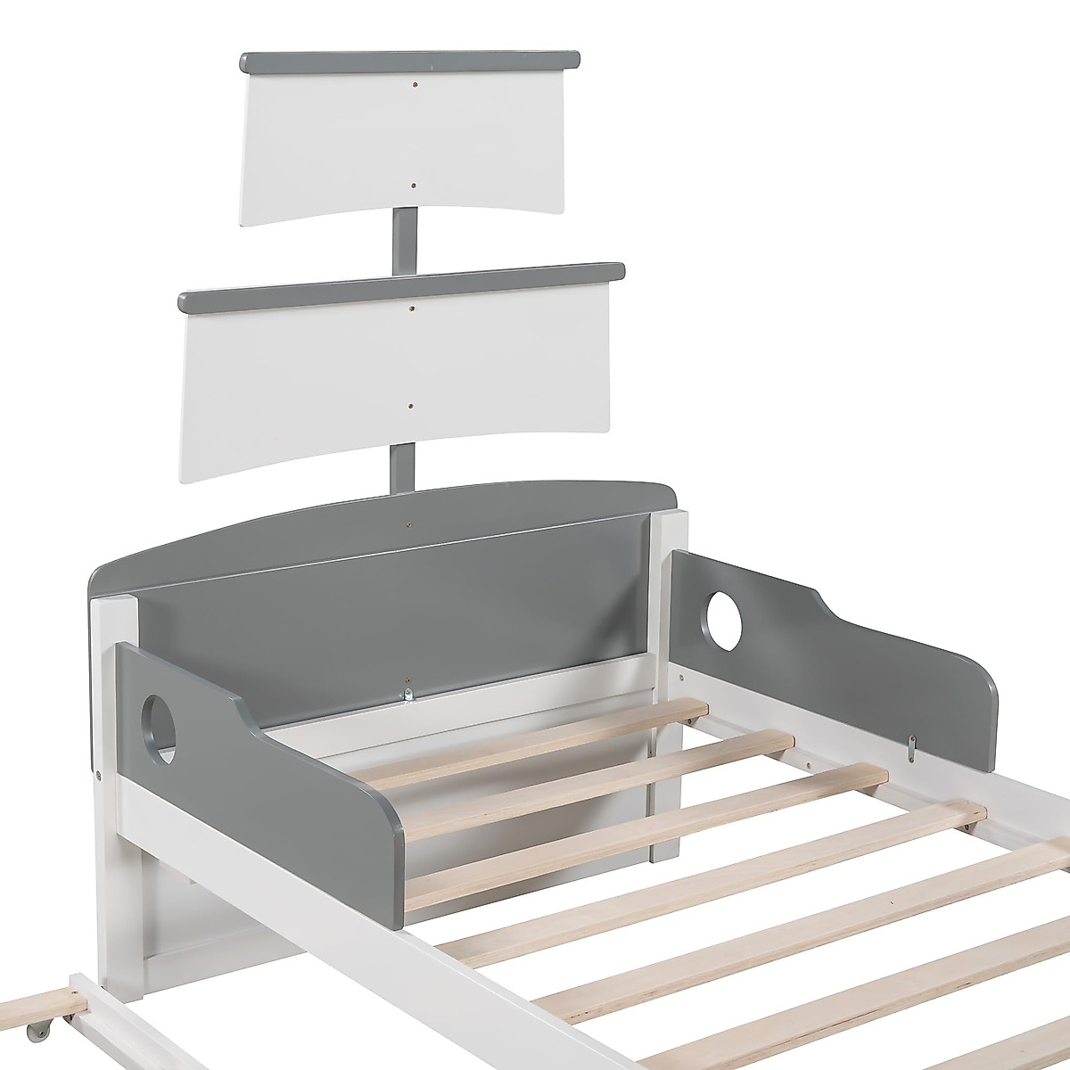 Harper & Bright Designs Kids Twin Bed with Trundle and Storage, Solid Wood Boat-Shaped Platform Bed Frame, No Box Spring Needed, for Girls Boys Bedroom (Twin Size, Gray)