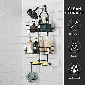 Tuenort Hanging Shower Organizer for Bathroom, Over Head Shower Caddy Basket with Hooks, 3 Layers Bathroom Storage Rack Shelf Over Shower Head, Soap Holderr, Rustproof & Durable - Black