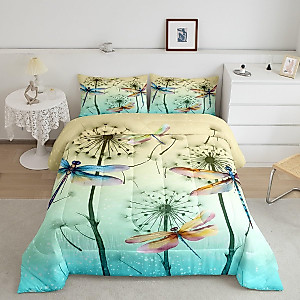 Feelyou Queen Size Pretty Dragonfly Comforter Set Boys Girls Dandelion Bedding Set for Kids Women Men Ultra Soft Teal Comforter Nutrue Quilt Set Room Decor Bedclothes