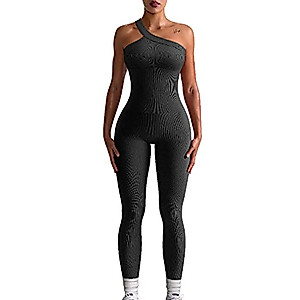 OQQ Women's Yoga Workout Ribbed One Shoulder Piece Sport JumpSuit, Black, Medium