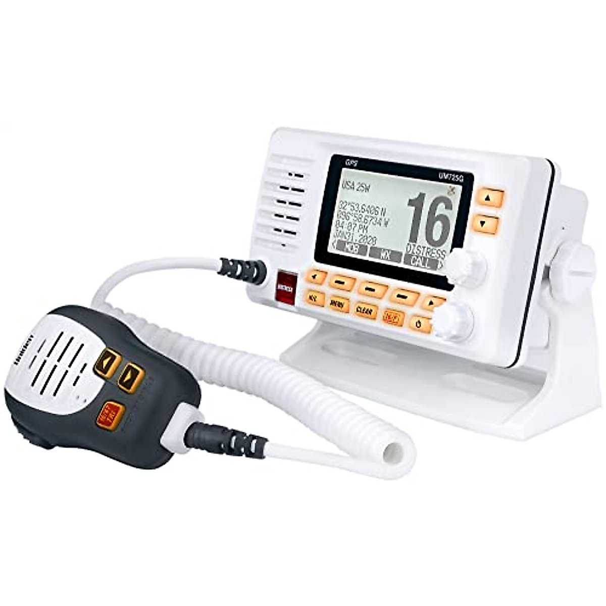 Uniden UM725G Marine VHF Radio, All USA, Canada, and Intl. Marine Channels, 1Watt/25Watt Transmit Power, Largest LCD Screen in Class, NOAA Weather Channels w/Alerts, Speaker Mic, GPS Built-in.