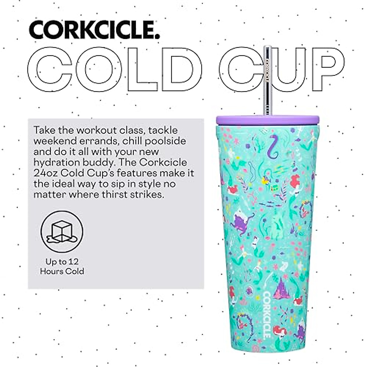 Corkcicle x Disney Princess Ariel Cold Cup Insulated Tumbler with Lid and Straw, 24 oz – Reusable Water Bottle Keeps Beverages Cold 12hrs, Hot 5hrs – Cupholder Friendly, Lid for Flexible Sipping