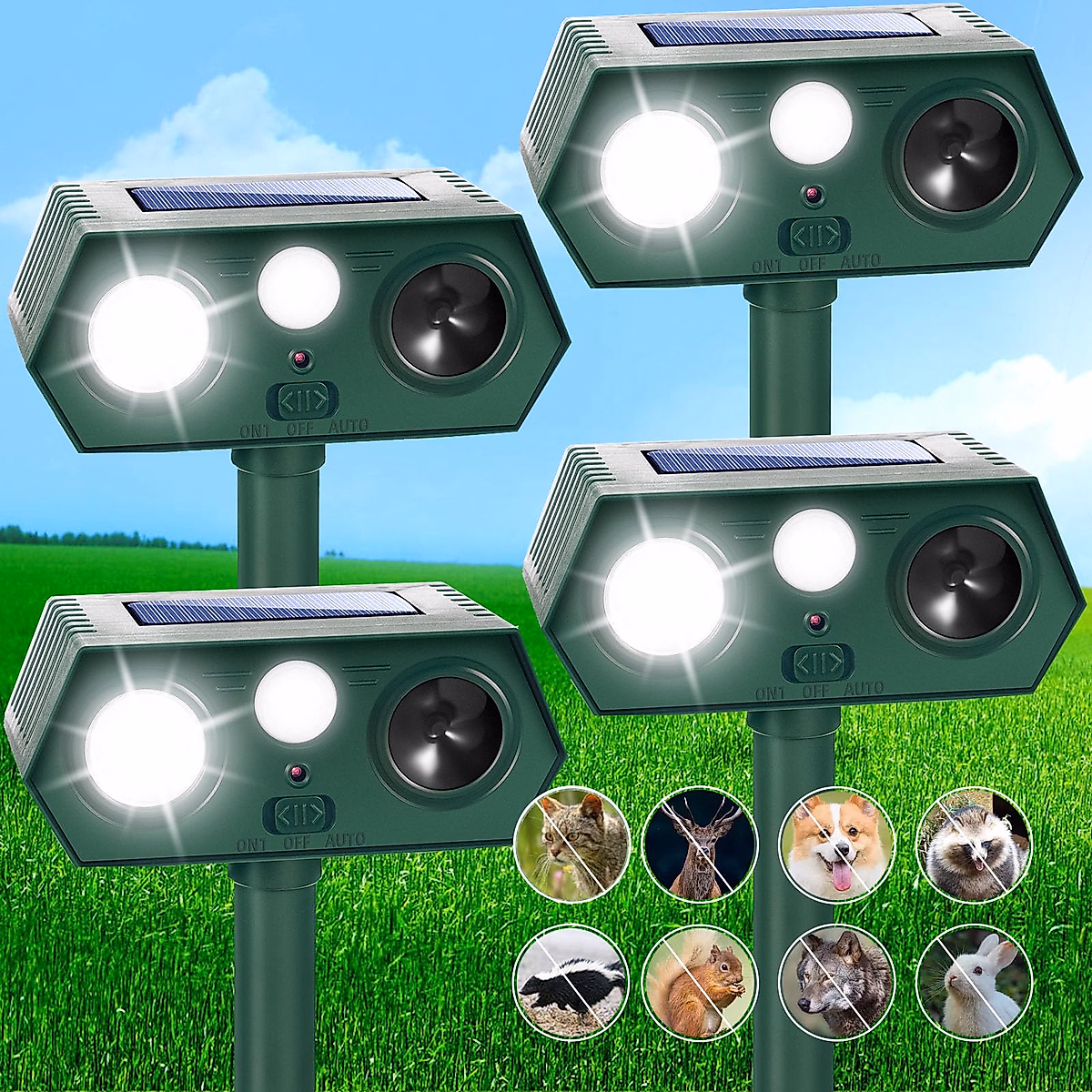 2024 Ultrasonic Animal Repellent, 4 Pack Waterproof Solar Cat Deterrent Outdoor with Motion Sensor for Deer Squirrel Cat Dog Skunk Rabbit Raccoon, Deer Repellent Devices, Skunk Repellent for Yard